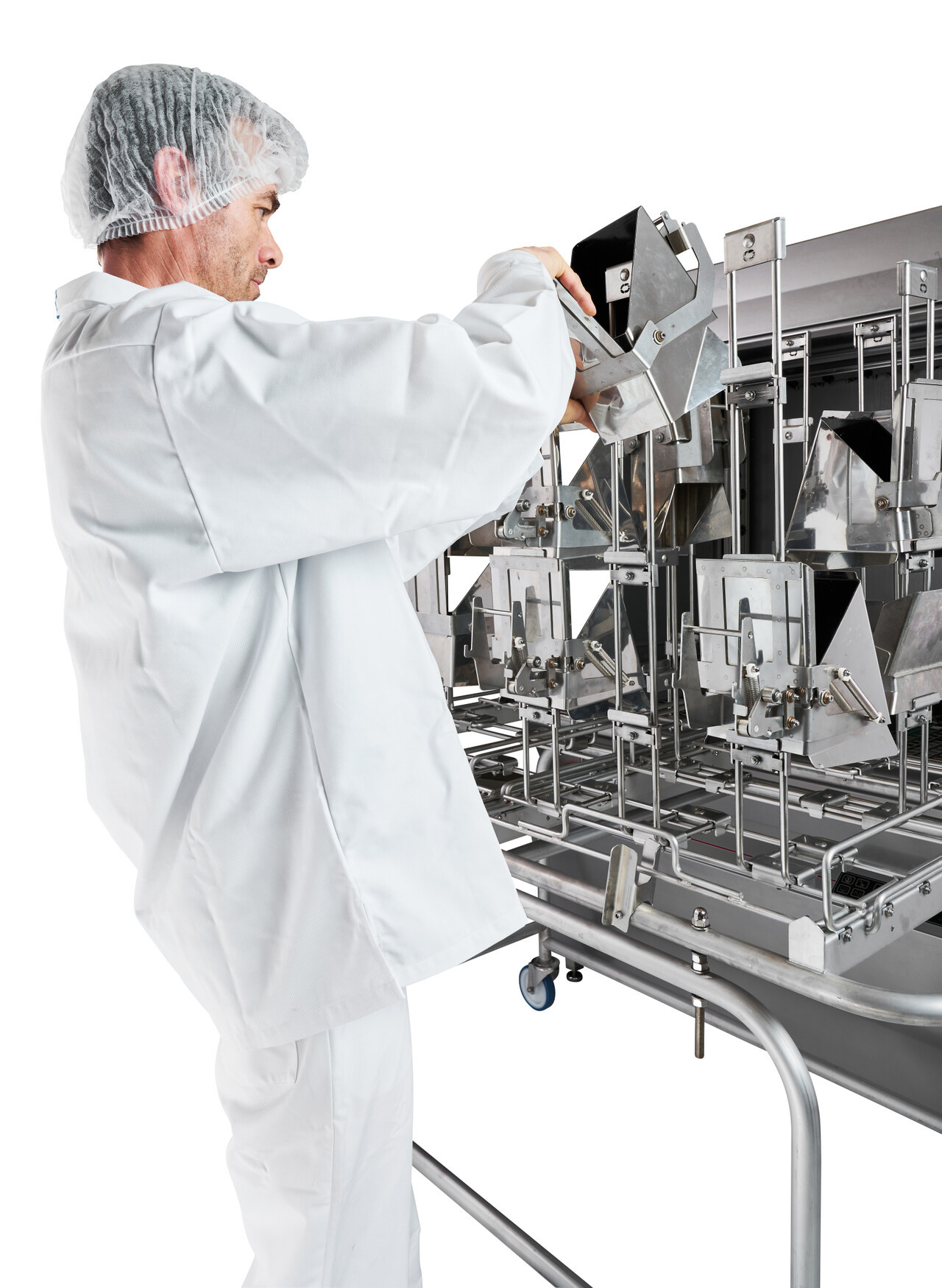 Industrial cleaning system for multi-head weigher components